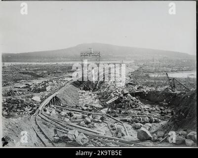 Porjus power plant during construction at Stora Lule River. Stone ...