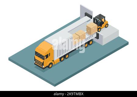 Isometric forklift unloading stacked boxes on pallet from blue container at unloading dock ...
