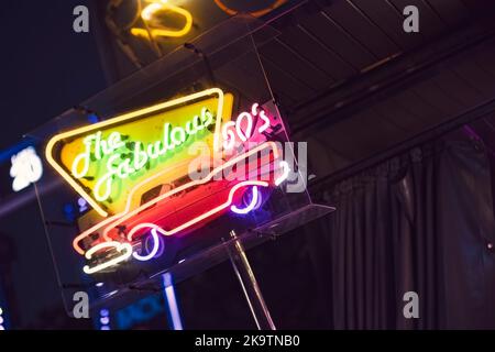 Vintage Neon Back to the 50s Sign in Rainy Restaurant Window Stock ...