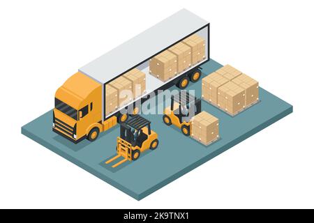 Isometric forklift unloading stacked boxes on pallet from blue container at unloading dock ...