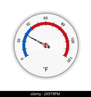 Realistic illustration of a round thermometer with a white plastic circular frame. Arrow for ...