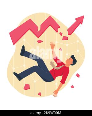 Businessman on falling down chart. Cartoon character thin line style ...