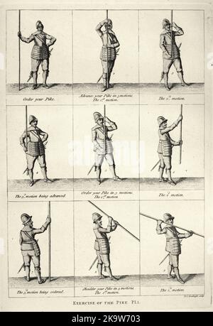 Vintage illustration, English soldier, Pikeman, Exercise with the Pike ...