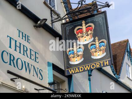 Pub sign for Wadworth brewery Three Crowns inn, Devizes, Wiltshire ...