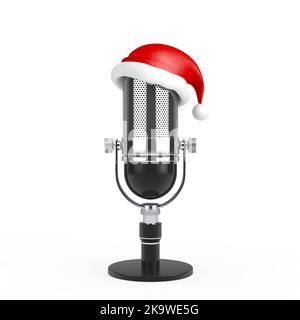 Vintage Microphone with Santa Claus Red Hat on a yellow background. 3d ...