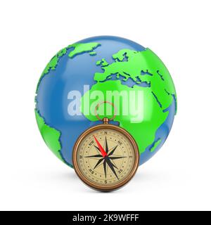 Earth Globe and Glossy Bronze Vintage Compass with Windrose on a yellow ...