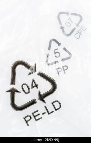 Close-up shot of 04 plastic resin code / Resin Identification Code for Low-density polyethylene ...
