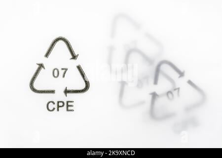 Close-up shot of 07 plastic resin code / Resin Identification Code 7 on ...