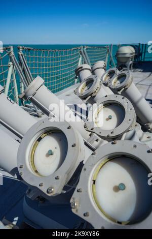 Chaff launcher is seen on the deck of a military ship sailing on the ...
