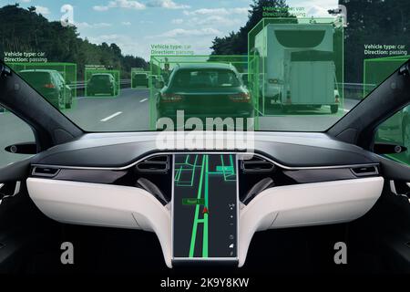 Autonomous vehicle vision with system recognition of cars Stock Photo ...