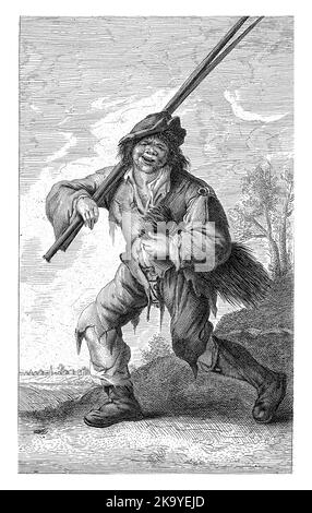 A chimney sweep walks with a bundle of reeds under his arm and two long ...