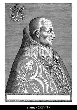 Portrait of Pope Adrian VI in oval, framed with palm leaves and Latin ...