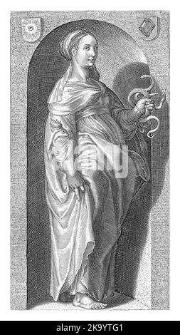 Personification of Prudence, holding two snakes in her hand, standing ...