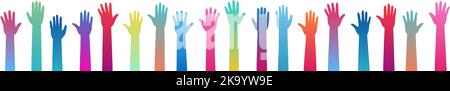 Raised hands. Multicolor gradient hands raised up. Human hands ...