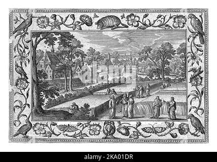 Landscape with a cornfield. In the center, Christ tells the Pharisees ...