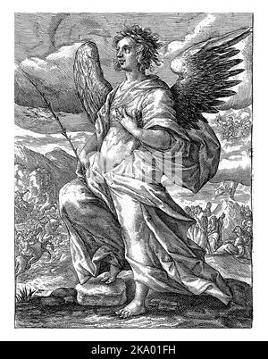 The Archangel Zaphkiel stands with his right foot on a stone and holds ...