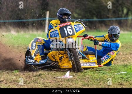 Josh Penfold, Dan Woodbridge racing in grasstrack motorcycle race ...