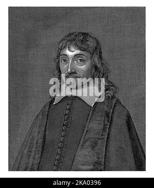 Bust of philosopher Rene Descartes. In the margin three lines of Latin ...