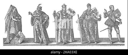 Depiction of one woman with shield and staff, and four men with sword ...