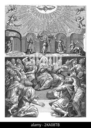 Mary and the apostles sit in a circle in a temple. Through a round ...