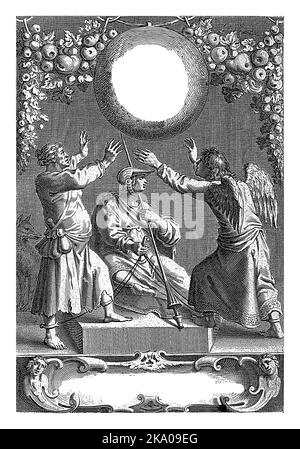Minerva stands on a pedestal and holds a man and an angel in leg irons ...