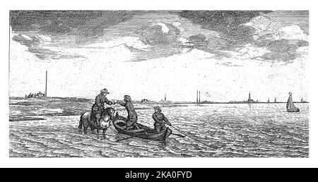 A postman on horseback wades through the water and receives mail from ...