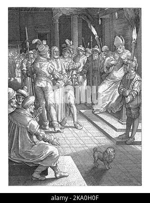 Christ is led by soldiers before high priest Caiaphas. In standing oval ...