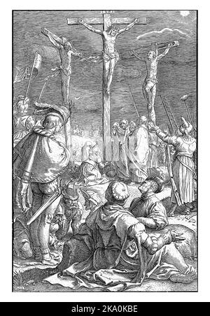 The Crucifixion. Christ on the Cross between two thieves. Illumination from the Vaux Passional ...