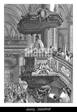 A preacher stands on the right of a pulpit or pulpit. Behind him are ...
