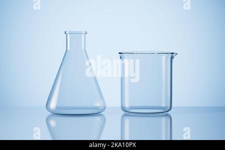 Beaker and empty conical flask in the lab, 3d rendering. Digital ...
