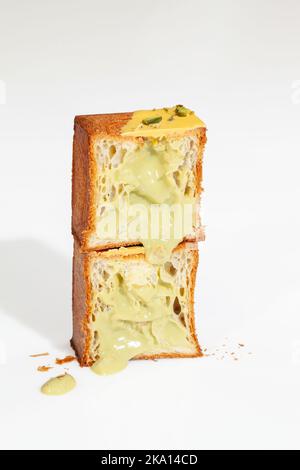 Sliced fluffy cube shaped croissant with marzipan chocolate filling and ...