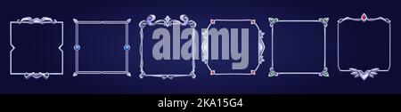 Set of square ui game frames, textured medieval borders of bronze or copper metal with gems ...
