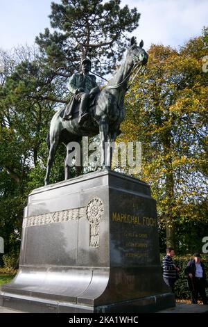 Equestrian statue of Marechal Ferdinand Foch, bronze on a high stone ...