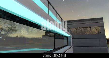 Illumination of the exterior of a country house with turquoise lighting ...