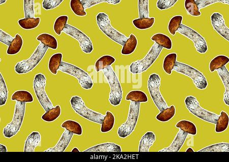 Seamless pattern of porcini mushroom sticker on trendy color ...