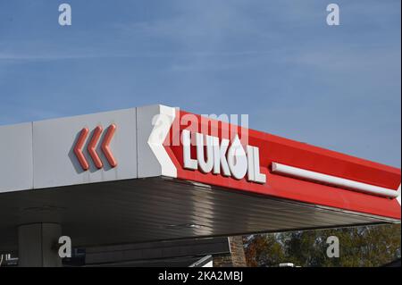 30 October 2022, Belgium, Eupen: Logo, lettering of LUKOIL, a Russian ...
