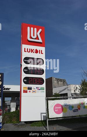 30 October 2022, Belgium, Eupen: Logo, lettering of LUKOIL, a Russian ...