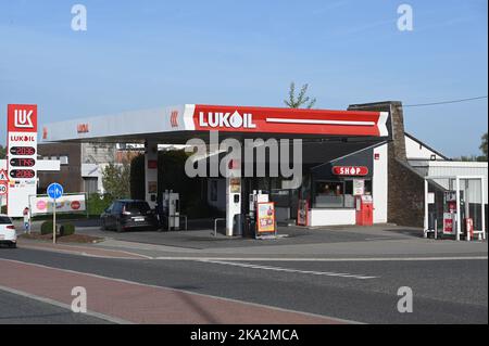 30 October 2022, Belgium, Eupen: Logo, lettering of LUKOIL, a Russian ...