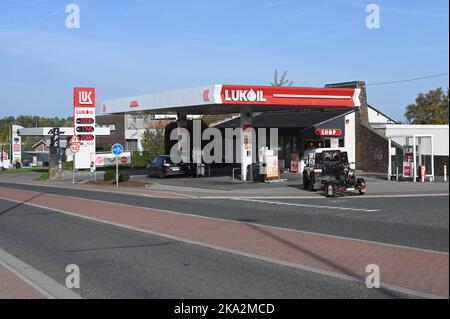 30 October 2022, Belgium, Eupen: Logo, lettering of LUKOIL, a Russian ...