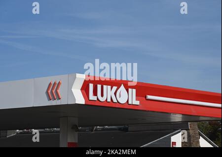 30 October 2022, Belgium, Eupen: Logo, lettering of LUKOIL, a Russian ...