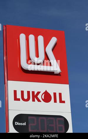 30 October 2022, Belgium, Eupen: Logo, lettering of LUKOIL, a Russian ...