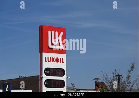 30 October 2022, Belgium, Eupen: Logo, lettering of LUKOIL, a Russian ...