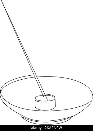 Simple line drawing of an incense stick placed in a holder, on white ...
