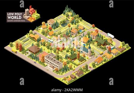 Vector isometric world map creation set. Combinable map elements. Town or city residential area ...