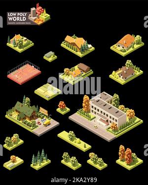 Vector isometric world map creation set. Combinable map elements. Small town or village map ...