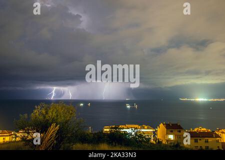 Lightning strikes the Sea of Marmara off the coast of Tekirdag, Turkey ...