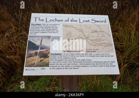 Sign for Tyndrum Community Woodland with map and explanatory text. On ...