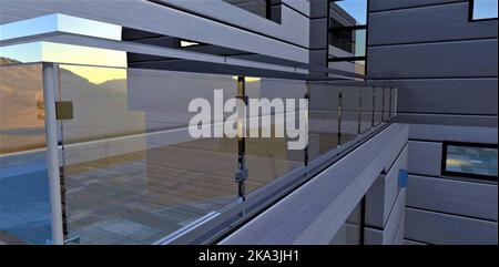 Glass fence with steel railings on the corner balcony of the ...