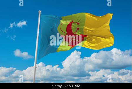 flag of Berbers Shilha people at cloudy sky background, panoramic view ...