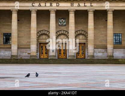 Grand pillars and doors of Caird Hall concert venue in City Square ...